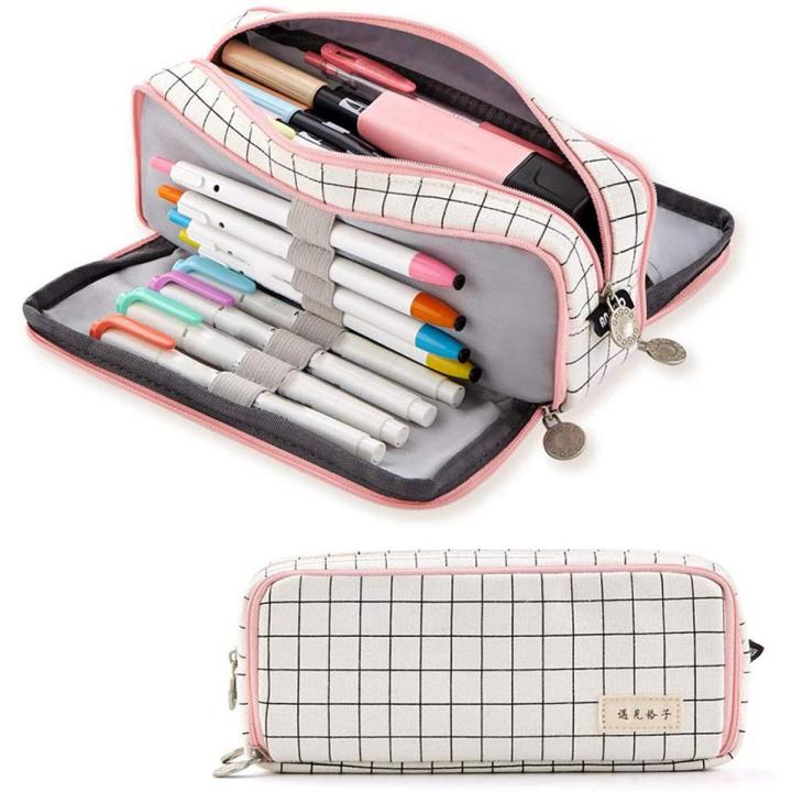 (New)ANGOO Large Pencil Cae Big Capacity 3 Compartment Canva Pencil ...