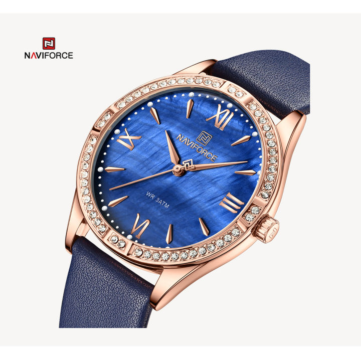 NAVIFORCE NF5038 Navy Blue PU Leather Analog Watch For Women - RoseGold ...