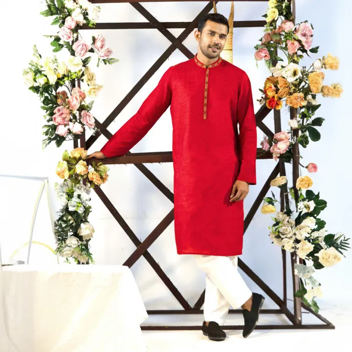Kay Kraft Crimson Red Cotton Karchupi Ornamented Panjabi For Men ...