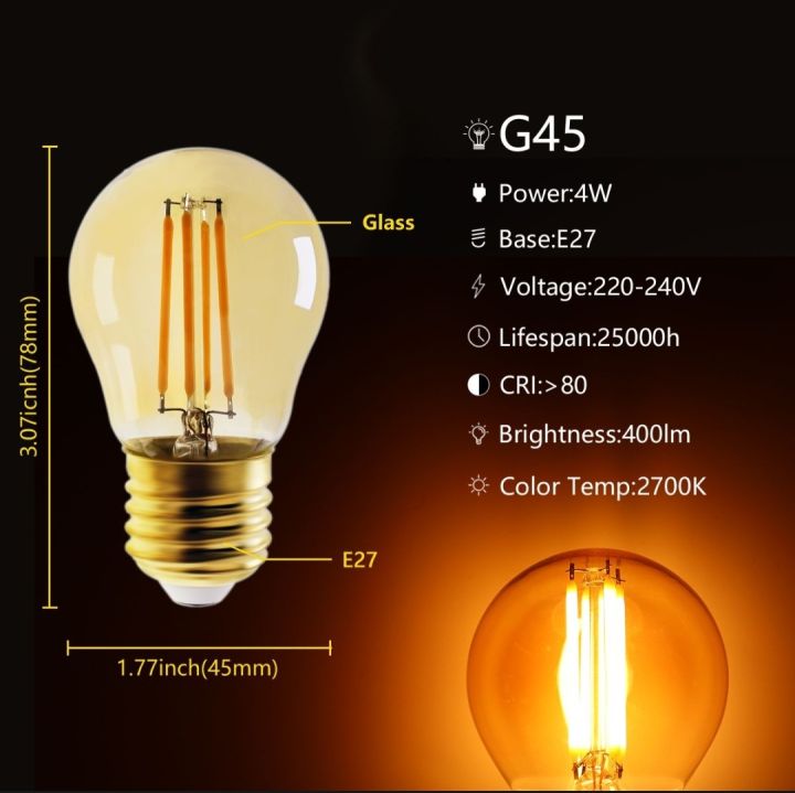 2pcs Amber Warm White Filament LED Bulb,4watt E27 model G45,78mm×45mm ...