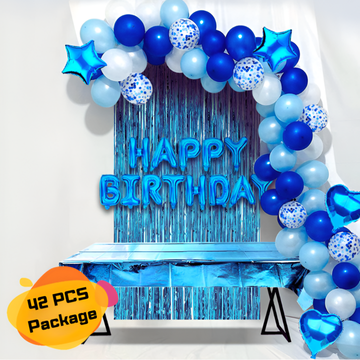Birthday Decoration Combo Pack Blue Theme- Foil Banner, Backdrop Curtains, Metallic Balloons ...