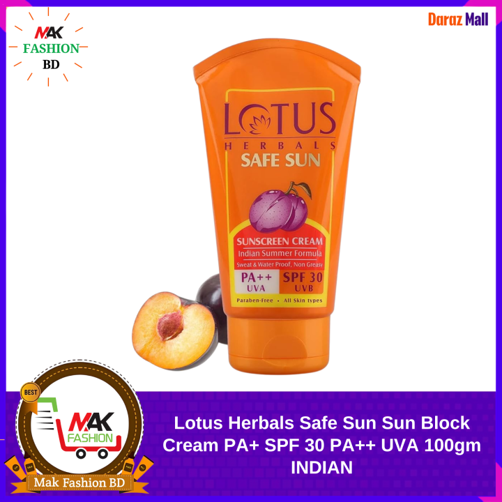 Lotus Herbals Safe Sun Sun Block Cream PA+ SPF 30 PA++ UVA 100gm INDIAN ...