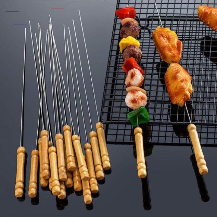 12Pcs Stainless Steel Barbecue String with Wooden Handle BBQ Stick ...