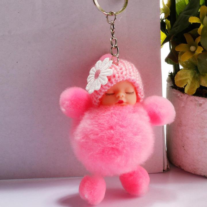 Sleeping Baby Car Key Ring Furry Plush Keychain Cute Car Accessories ...