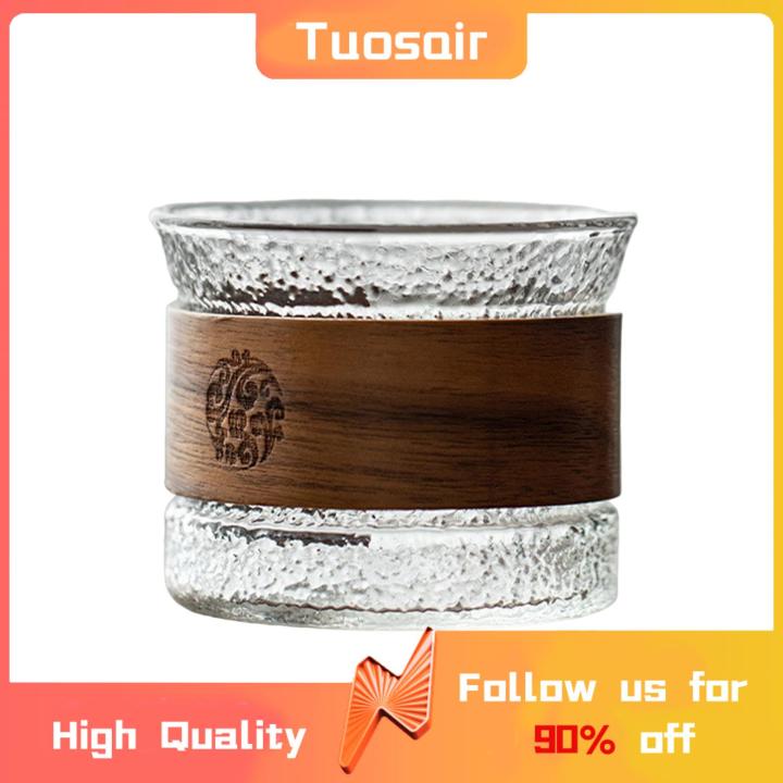 Dri ing Mug Vertical Grain -scald Glass Tea Dri ing Cup with Wooden g ...