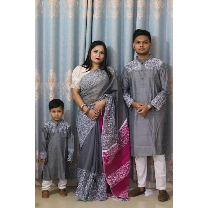 Block Print Family Set Half Silk Saree and Dhupian Panjabi for Father ...