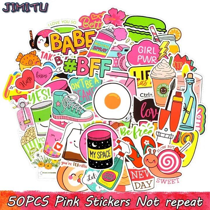 50 PCS Pink Cartoon Stickers VSCO Girls Kawaii Waterproof Sticker Toys ...