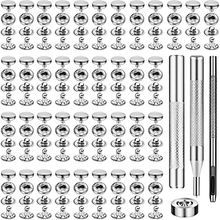 50 Sets Leather Snap Fasteners Kit Black Metal Snap Buttons Silver ...