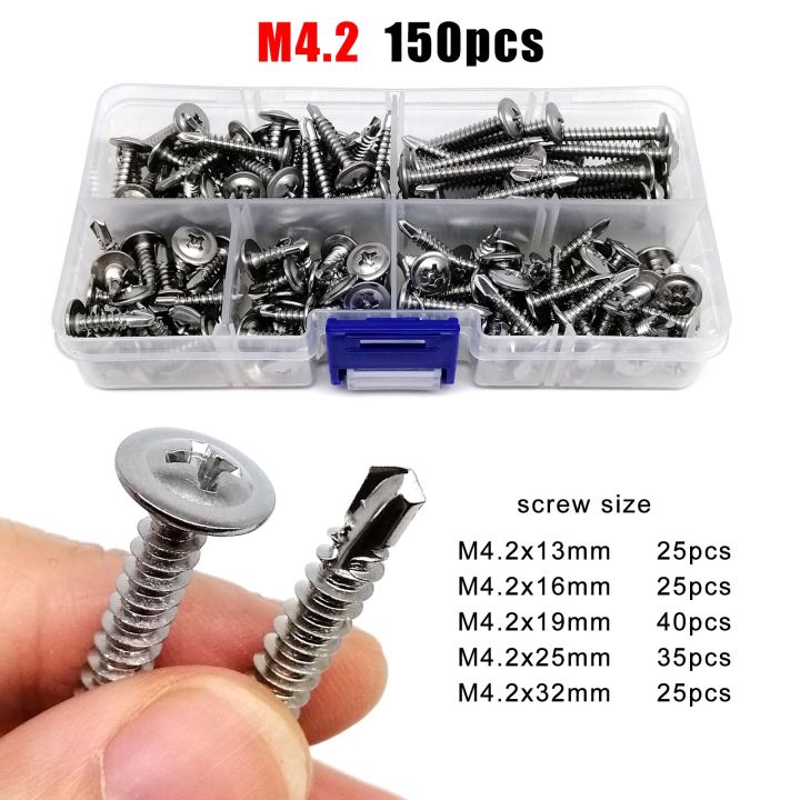 100/150pc M4.2 M4.8 410 Stainless Steel Phillips Round Head Washer Drill Tail Self Tapping Screw ...