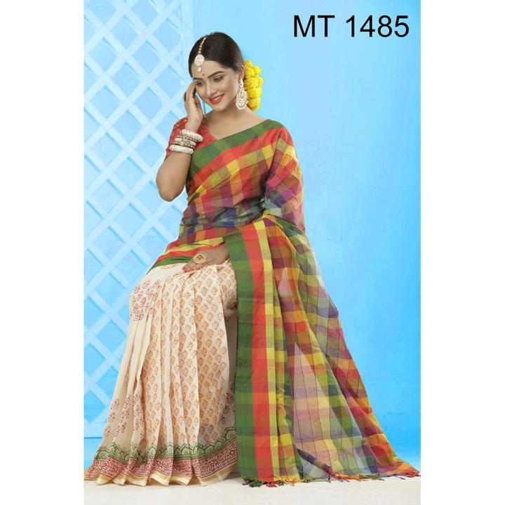Multicolor Cotton Block Printed Saree with Blouse Piece for Women ...