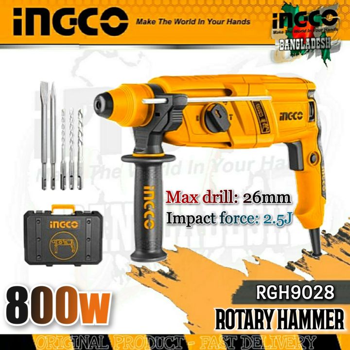 INGCO 800W SDS Plus Rotary Hammer With 3 Drills and 2 Chisels RGH9028 ...