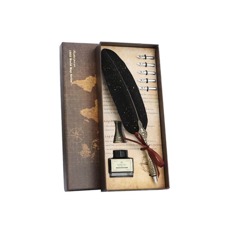 Feather Pen and Ink Set Vintage Quill Dip Pen Writing Ink Nibs Kit ...