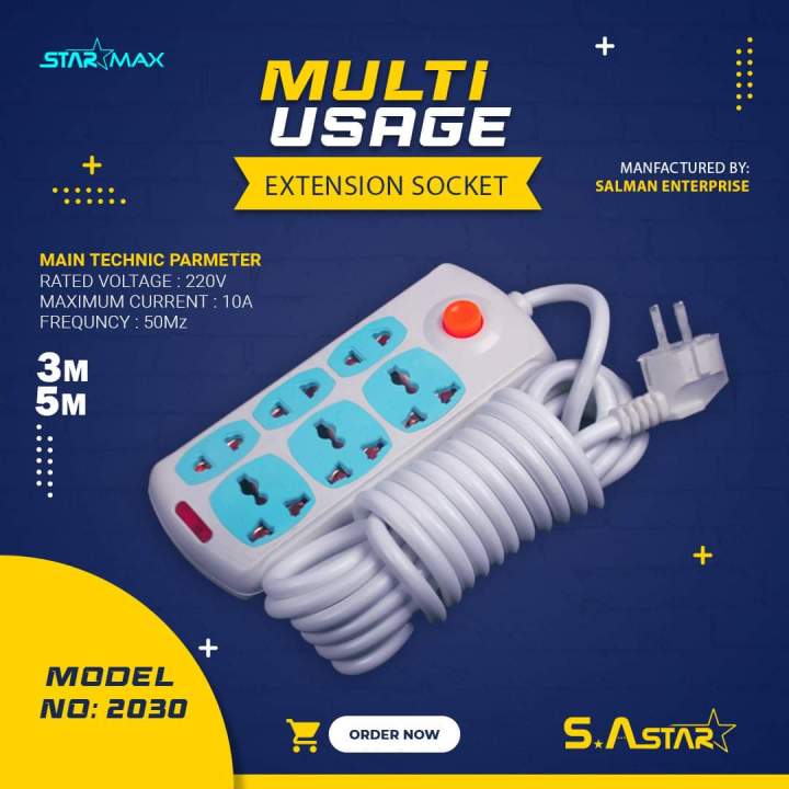 Multi Plug 2030 Multiplug 6 Port Extention Socket 3 Mtr Cable | Daraz.com.bd