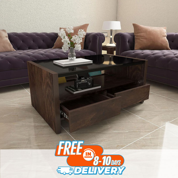 Full Glass Tea Table With 2 Drawers Simple Design Engineering Wood ...