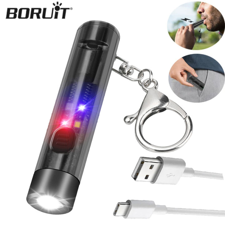 BORUiT Mini LED Flashlight Keychain with Whistle Type-C Rechargeable ...