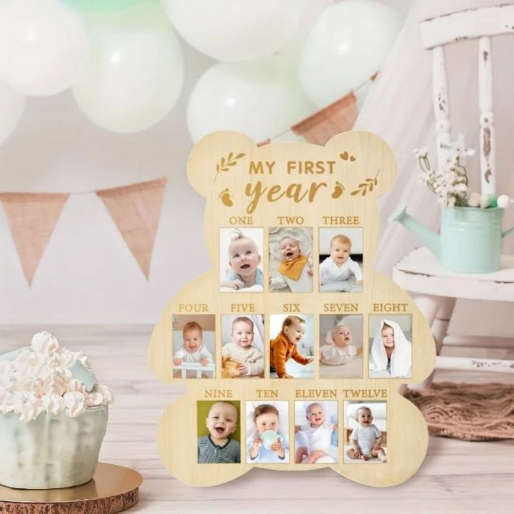 Timeless Wood Baby Milestone-Photo Frame Hangable Bear/Egg/Door Shape ...