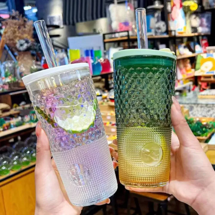 Glass Tumbler With Lid and glass strow 22oz Clear Iced Coffee Cup W ...