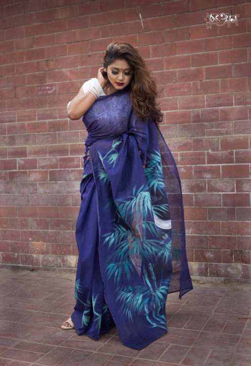 Stylish and Comfortable, Half Silk Sharee For Women Muslin Silk Hand ...