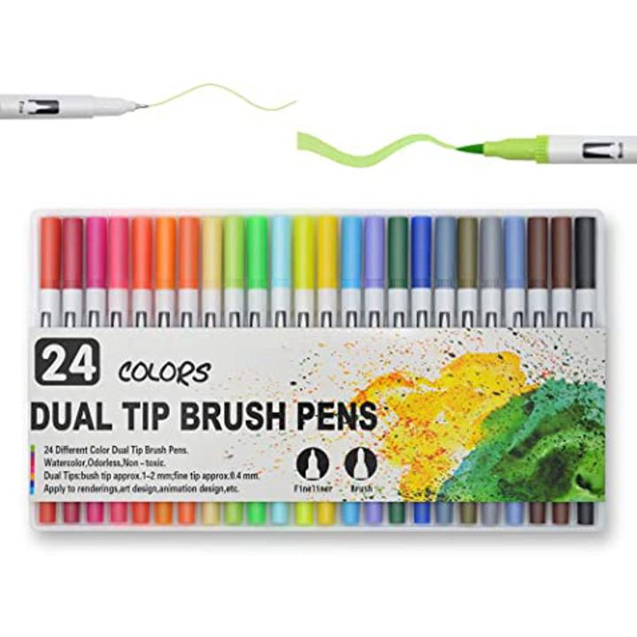 24 Pcs Dual Tip Brush Pens Art Markers Set | Daraz.com.bd