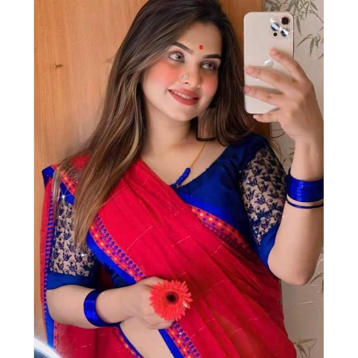 Pooja Collection Half Silk Chumki Red Color Blue Border Saree Stylish ...