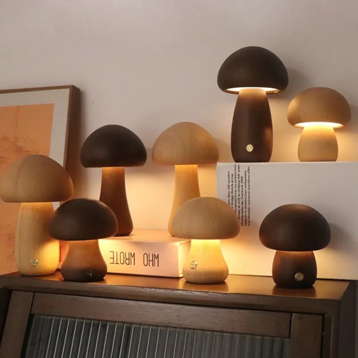 INS LED Night Light With Touch Switch Wooden Cute Mushroom Bedside ...