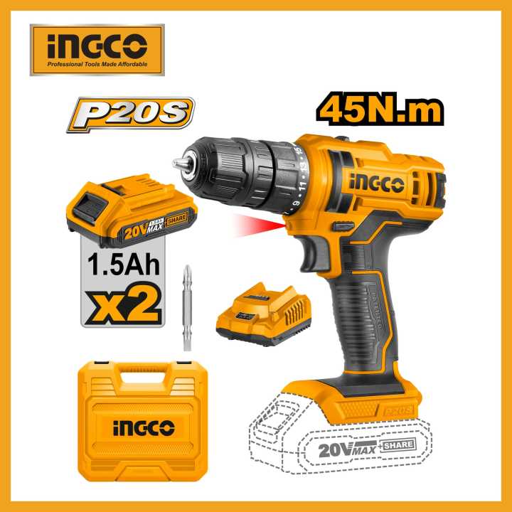 INGCO 20V Cordless Drill 45Nm Power Tools,15+1 Torque， 2-Speed,Work ...