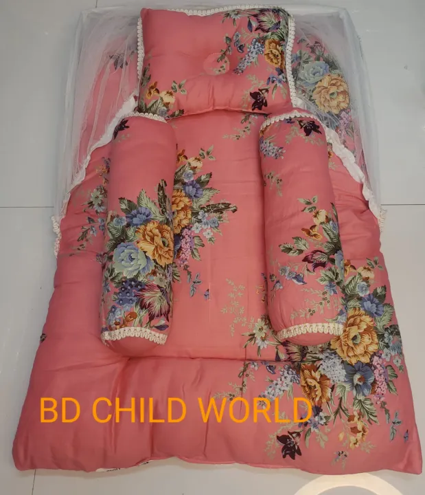 suti cloth New born Baby Bed With Mosquito Net And 2 side Pillow and 1 ...