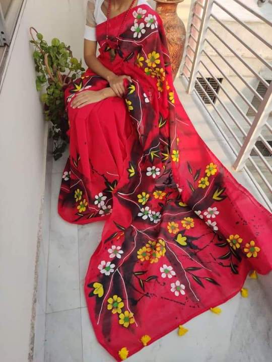 Stylish and Comfortable, Half Silk Sharee For Women Muslin Silk Hand ...