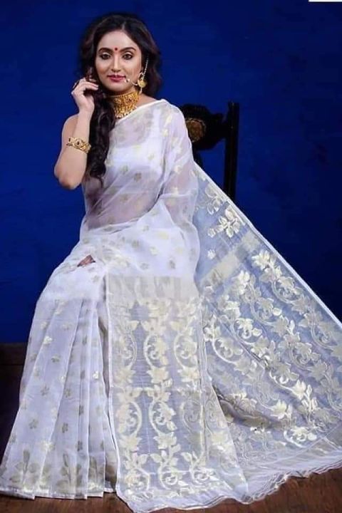 Muslin Bell Pata Jamdani Luxurious Saree Skyblue Colour Wedding Special Saari For Woman Sari ...