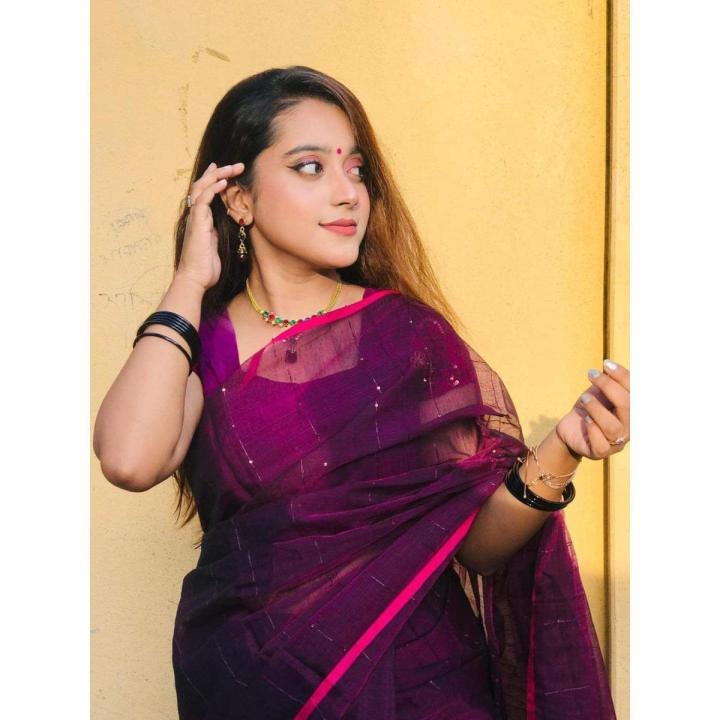 Exclusive Design Half Silk Tangail Tat Flat Color Chumki Saree for ...