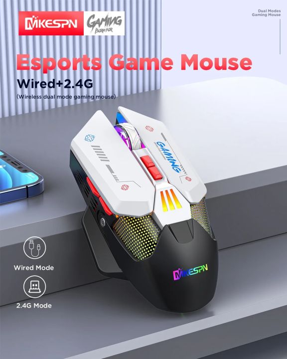 Wireless 2.4G Dual Modes 10000DPI Macro RGB Gaming Mouse 450mAh ...