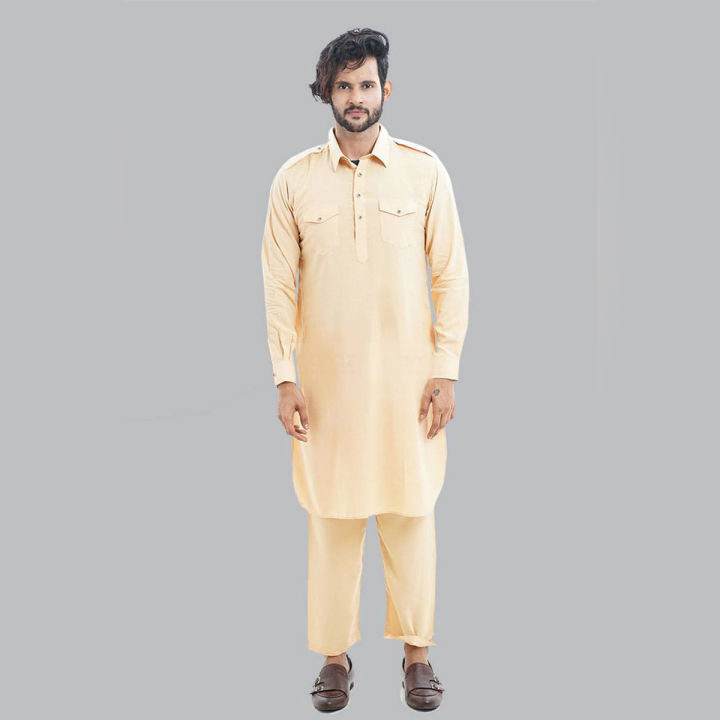 Fashionable Cotton Cream Color Semi Long Kabli Set for Men | Daraz.com.bd