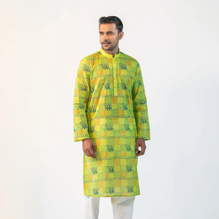Kay Kraft Neon Lime Voile Printed Panjabi For Men | Daraz.com.bd