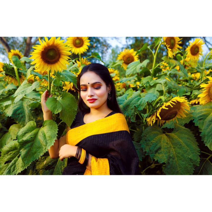 Chumki Saree BlackYellowRed colour Saree | Daraz.com.bd