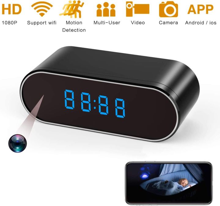 WiFi Camera 1080p Motion Detection Digital Clock Portable Rechargeable ...