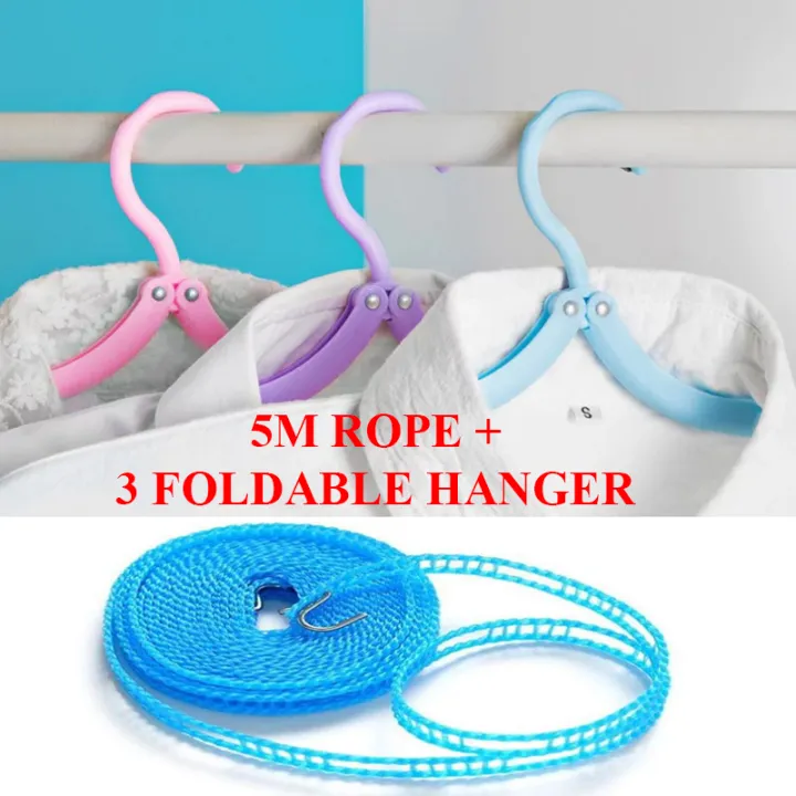 5M Rope+3 Hanger, 3 pcs Travel Hangers Folding Clothes Hangers ...