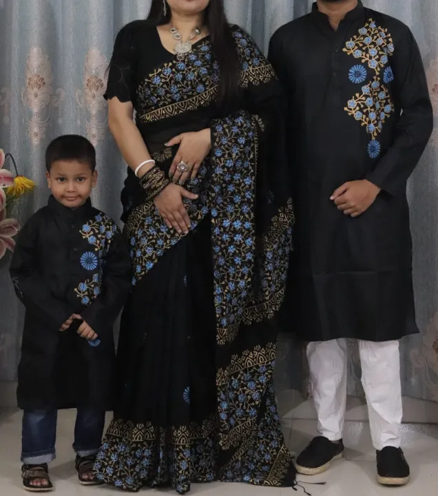 Block Print Family Set Black Color Shari and Panjabi for Father Mother ...