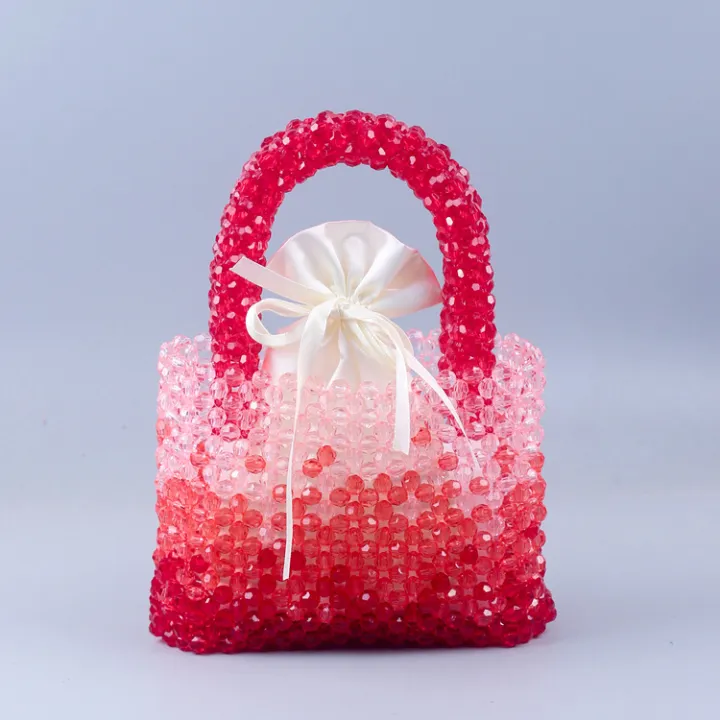 The new hand-beaded woven crystal bead handbag, gradient red small ...