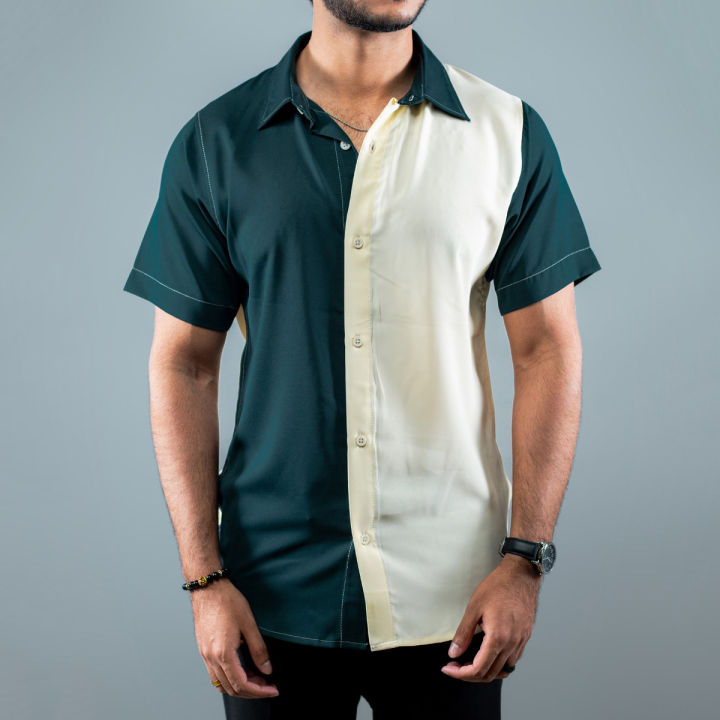 Gorur Ghash Teal and Cream Polyester Casual Shirts For Men | Daraz.com.bd