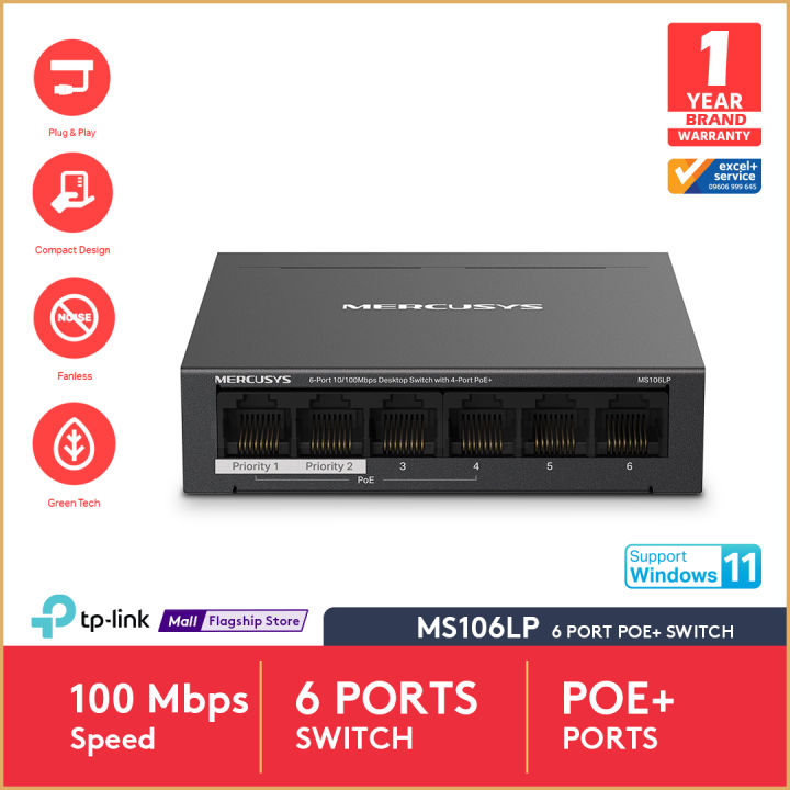 Mercusys MS106LP 6-Port 10/100Mbps Desktop Switch with 4-Port PoE+ ...