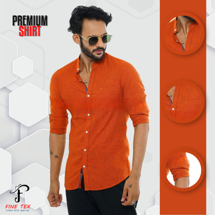 Premium Quality Rawan Fabric Orange Color Casual Band Collar Shirt For ...