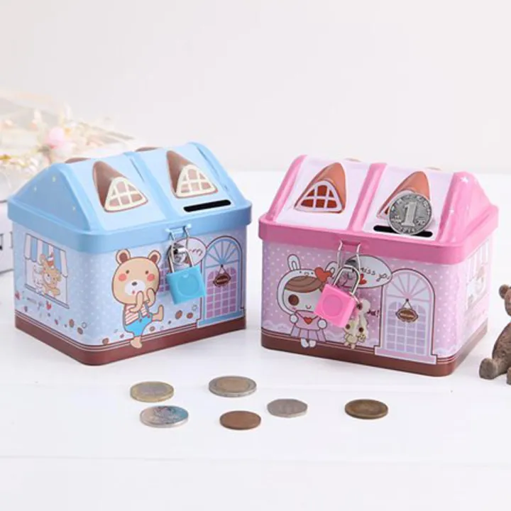 Metal House Shaped Coin Box Cartoon Kids Money Box piggy bank for kids ...