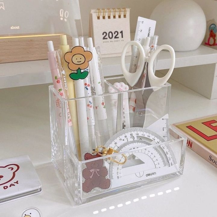 Transparent Acrylic Pen Holder New Square Three Grid Pencil Rack Large ...
