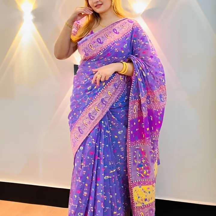 Premium White Half Silk Cotton Sharee with Multi-Color Block Print for ...