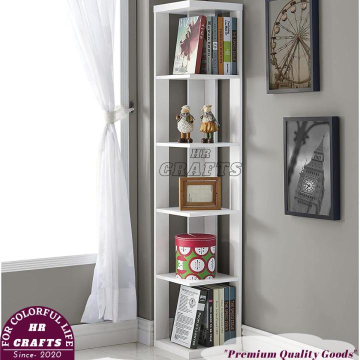 Wall Corner 5-Tier Bookshelf Bookcase, Color-White Black Walnut, HR ...