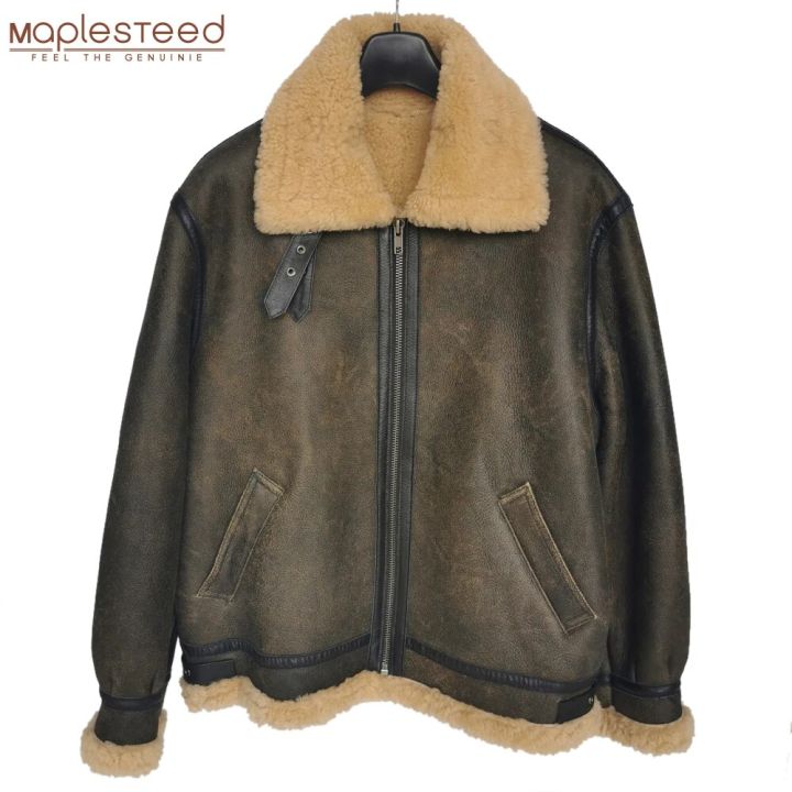 Thick Brown Cracking Leather Shearling Coat Men 100% Natural Sheepskin ...
