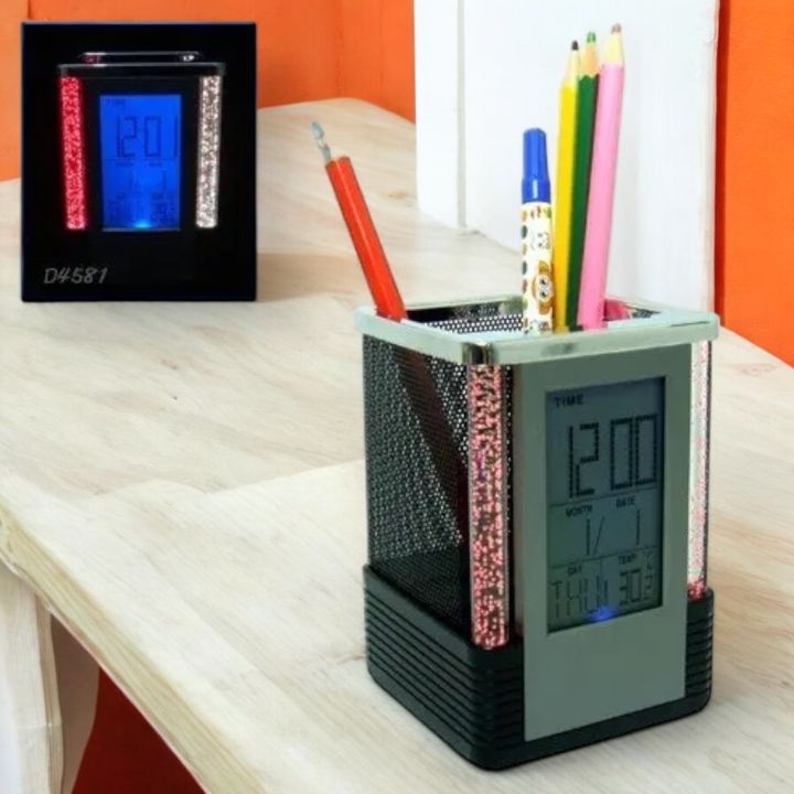 Digital Clock Pen Holder with Color-Changing LED Lights - Square Gift ...