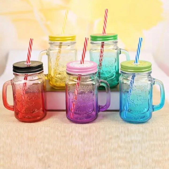 Juice Glass Straw Jar with Lid and Straw Summer Ice Cream Fruit Cold ...