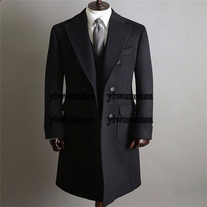 Black Winter Jacket Men Double Breasted Overcoat Tweed Wollen Trench ...