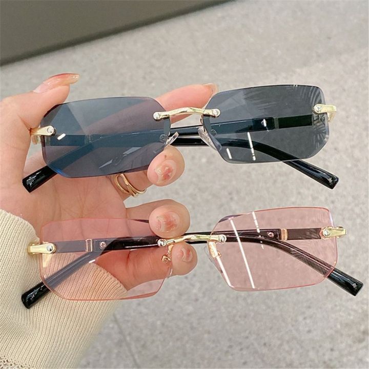 Retro UV400 Protection Rimless Rectangle Sunglasses Y2K Shades ...